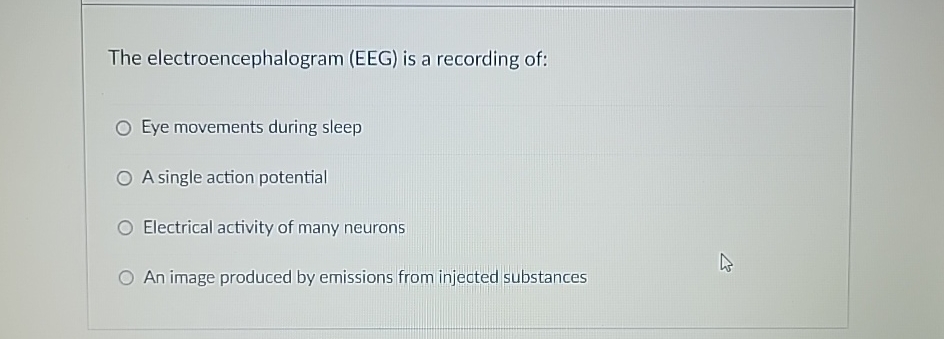 Solved The electroencephalogram (EEG) ﻿is a recording of:Eye | Chegg.com