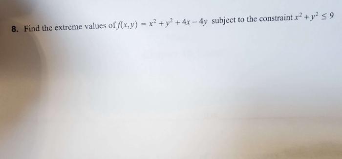 Solved 8. Find the extreme values of f(x,y)=x2+y2+4x−4y | Chegg.com