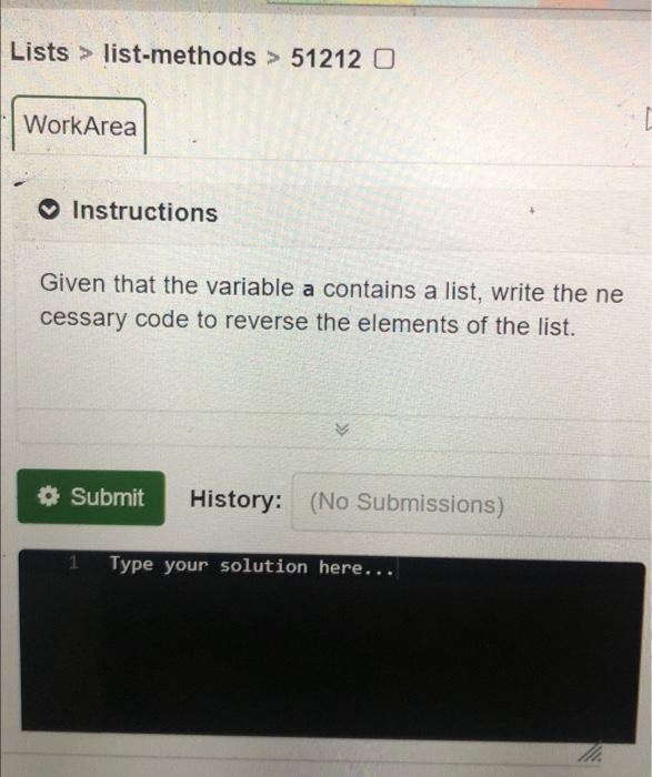 Solved Lists > list-methods > 51211 O WorkArea Instructions | Chegg.com