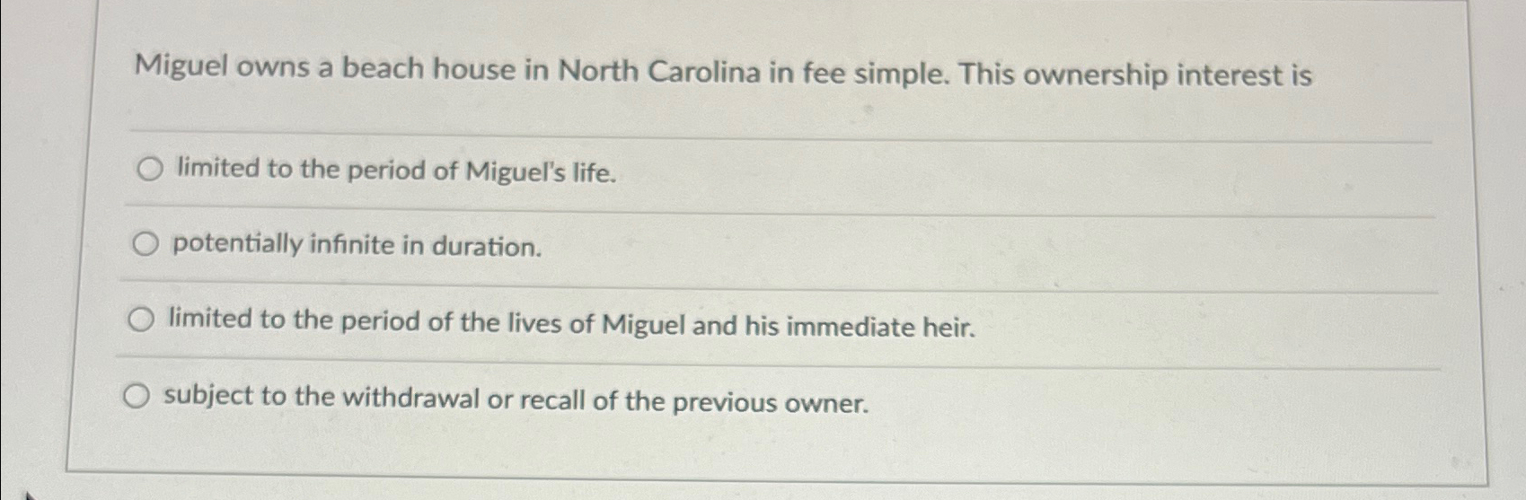 Solved Miguel owns a beach house in North Carolina in fee | Chegg.com