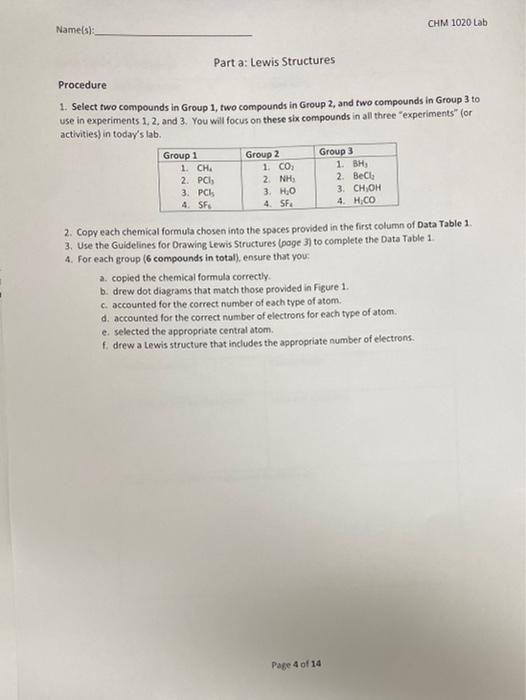 Solved CHM 1020 Lab Name(s) Part a: Lewis Structures | Chegg.com