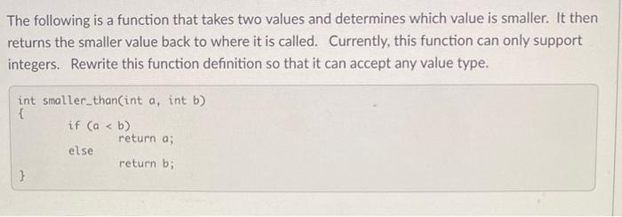 Solved The following is a function that takes two values and | Chegg.com