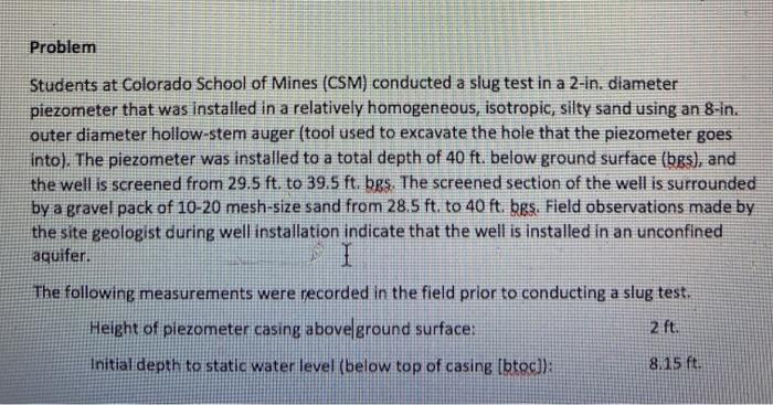 Solved Draw a sletch of the piezometer showing static water | Chegg.com