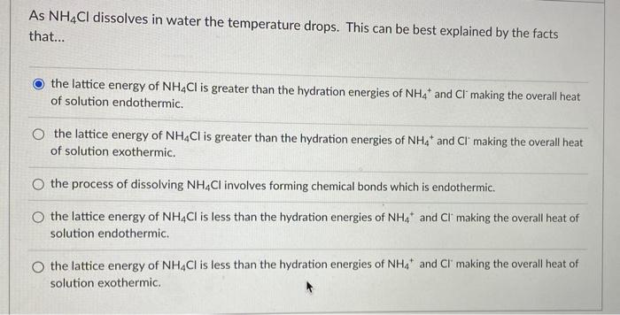 Solved As NH4Cl dissolves in water the temperature drops. | Chegg.com