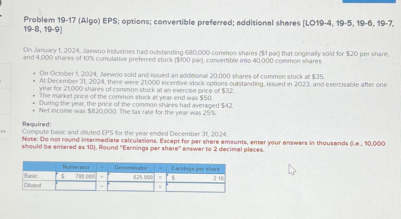 Solved Problem 19-17 (Algo) ﻿EPS; options; convertible | Chegg.com