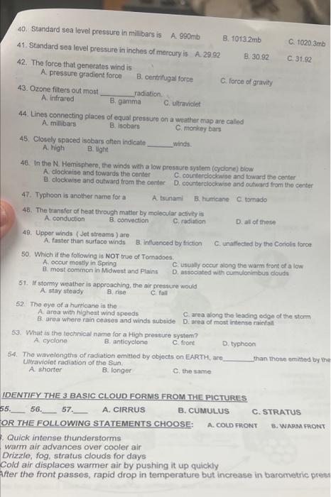 Solved 40. Standard sea level pressure in millibars is A. | Chegg.com