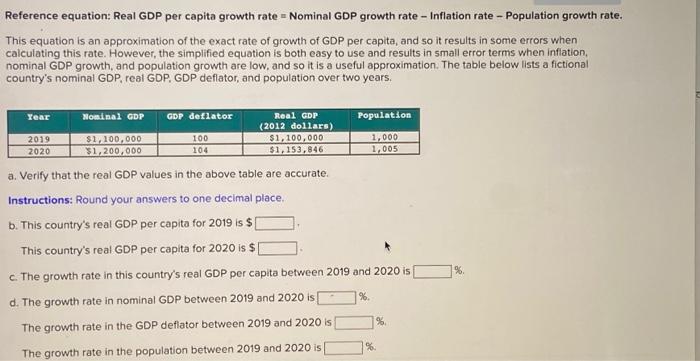 Solved Reference equation: Real GDP per capita growth rate = | Chegg.com