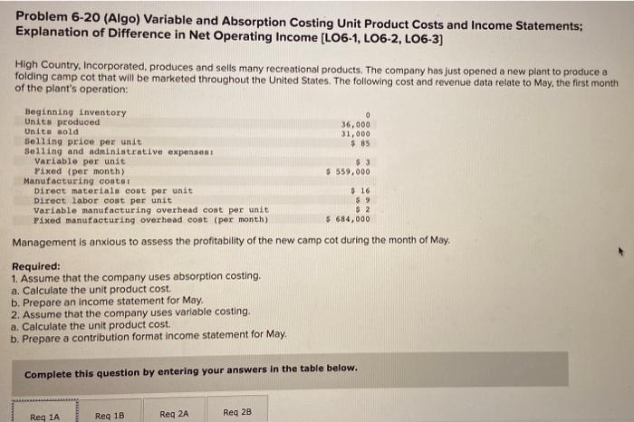 Solved Problem 6-20 (Algo) Variable and Absorption Costing | Chegg.com