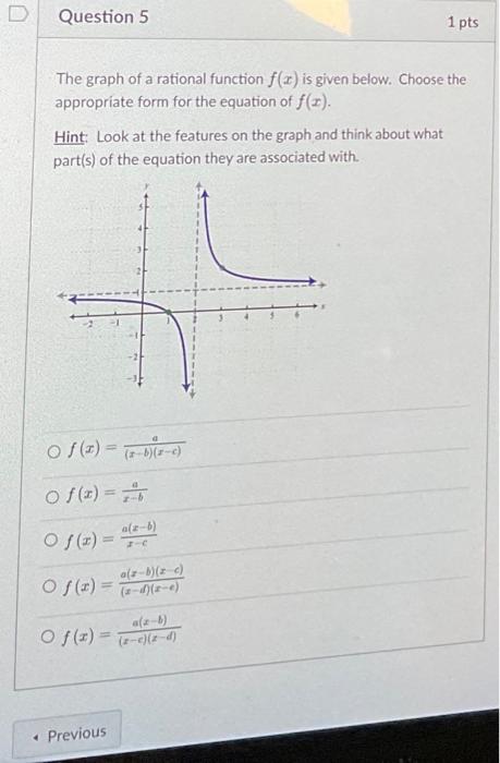 Solved D Question 5 1 pts The graph of a rational function | Chegg.com