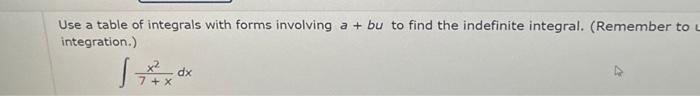 Solved Use a table of integrals with forms involving a+bu to | Chegg.com