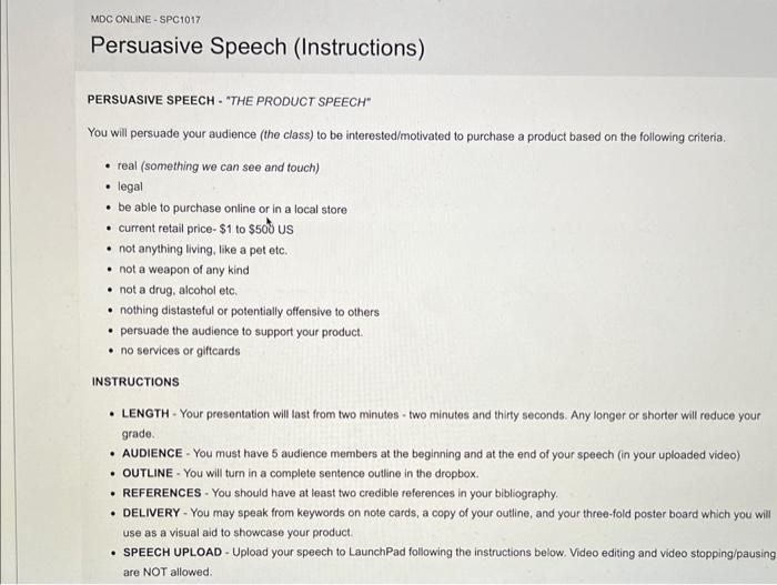Solved PERSUASIVE SPEECH - "THE PRODUCT SPEECH" You will | Chegg.com