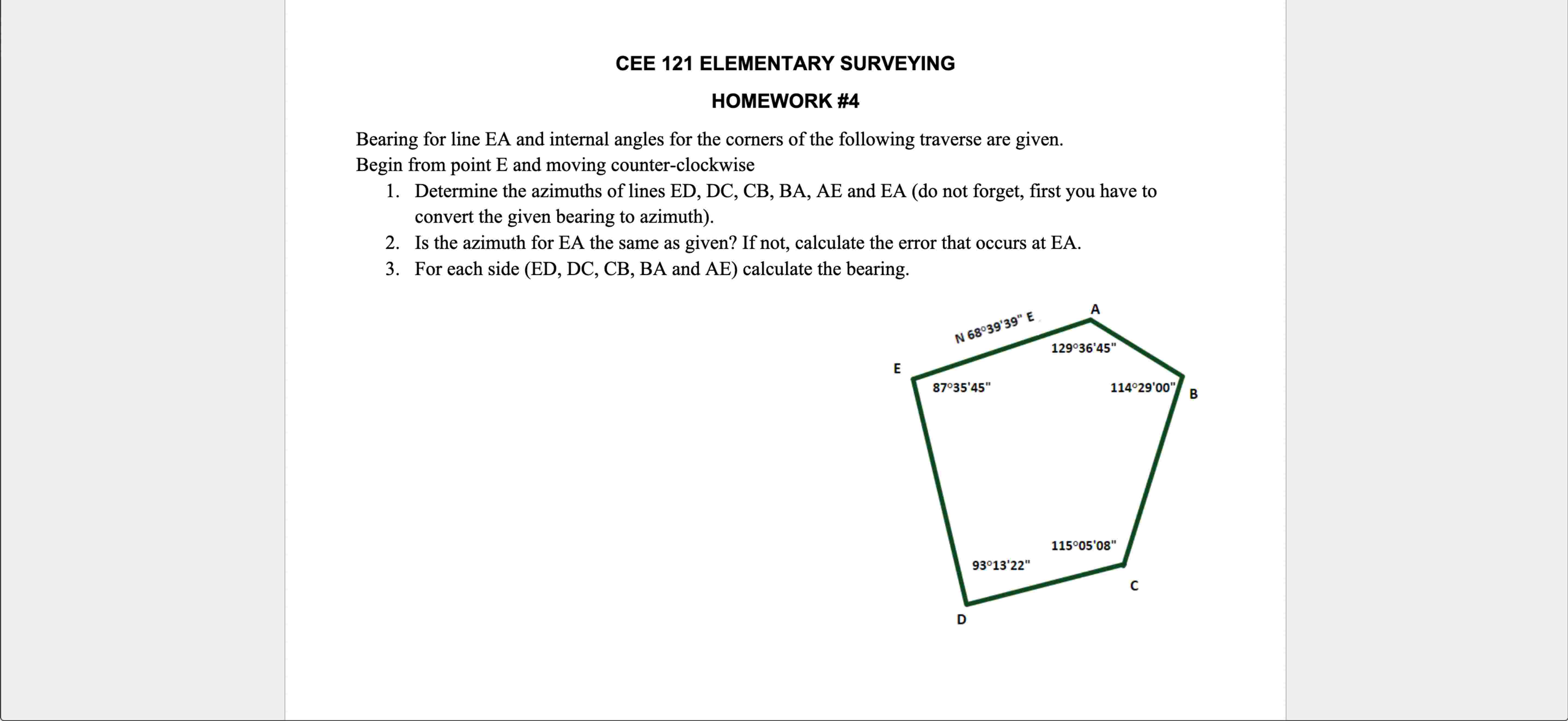 CEE 121 ﻿ELEMENTARY SURVEYING HOMEWORK \#4 ﻿Bearing | Chegg.com