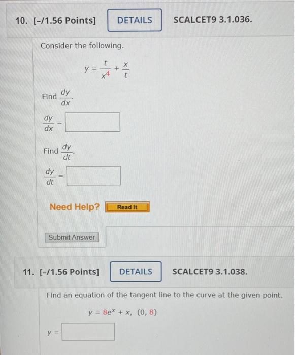 Solved -/1.56 Points] SCALCET9 3.1.036. Consider the | Chegg.com
