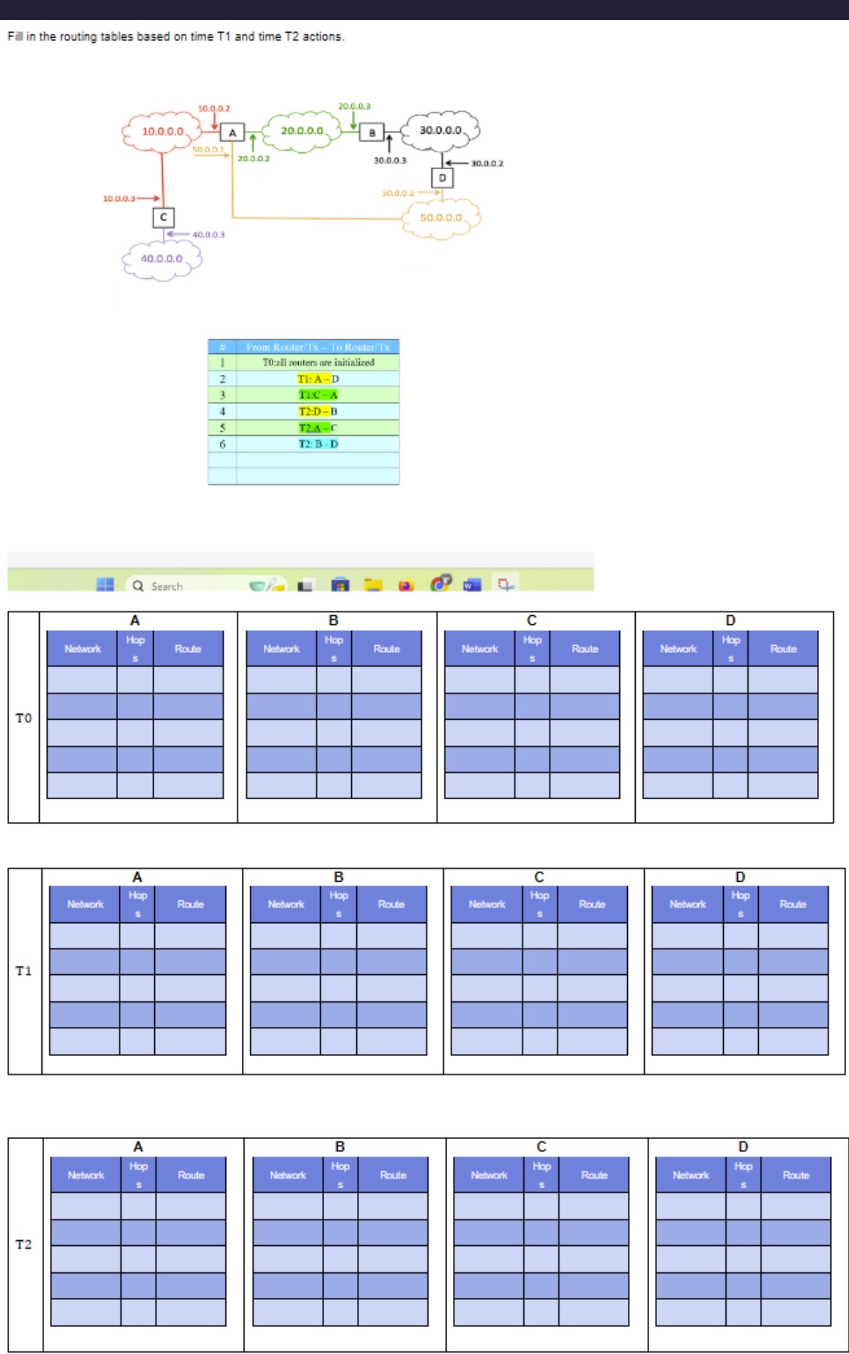Fill in the routing tables based on time T1 ﻿and time | Chegg.com
