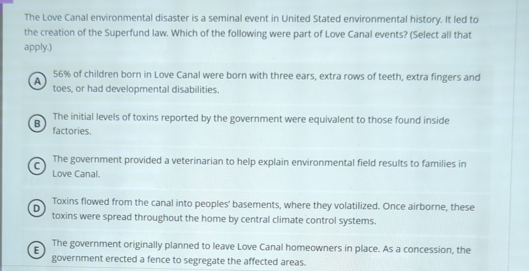 Solved The Love Canal environmental disaster is a seminal | Chegg.com