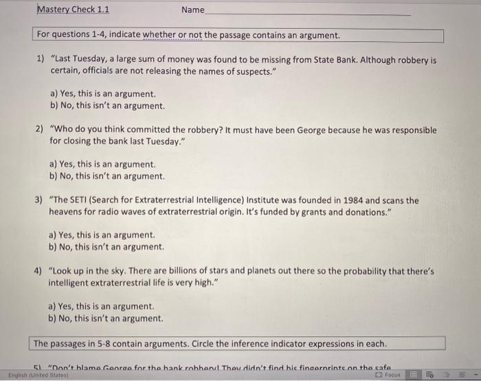 Solved Mastery Check 1.1 Name For questions 1-4, indicate | Chegg.com