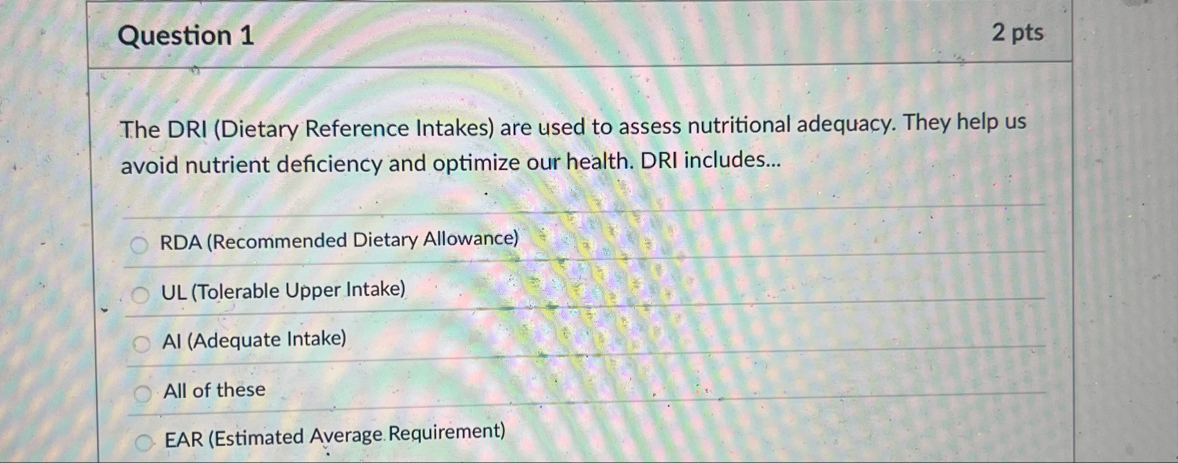 Solved Question 12 ﻿ptsThe DRI (Dietary Reference Intakes) | Chegg.com