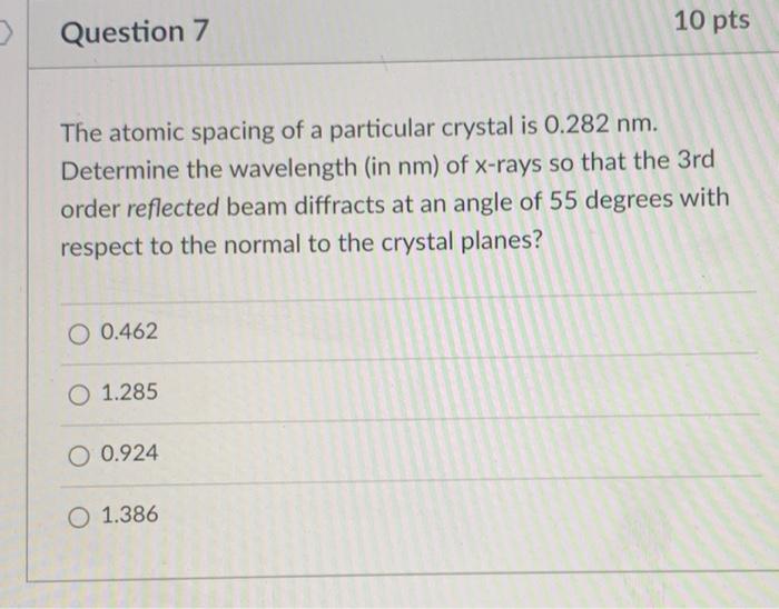 Solved > 10 pts Question 7 The atomic spacing of a | Chegg.com