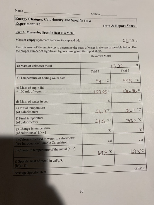 Solved Name Section Energy Changes, Calorimetry and Specific | Chegg.com