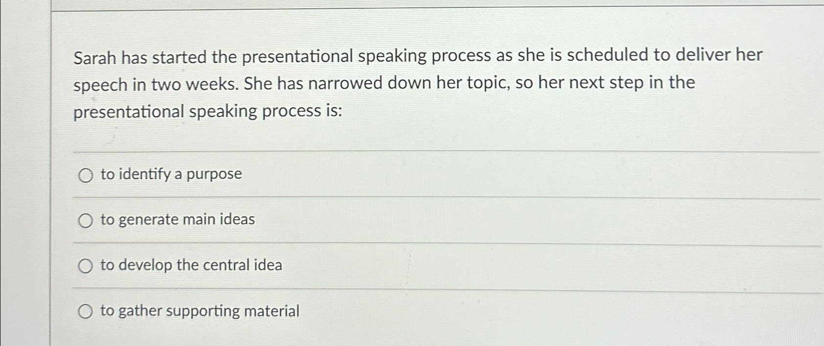 Solved Sarah has started the presentational speaking process | Chegg.com