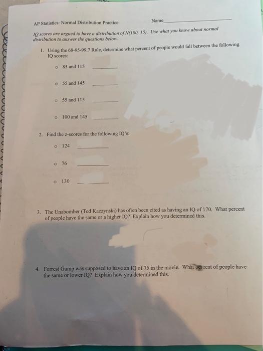 Solved AP Statistics Normal Distribution Practice Namc 10 | Chegg.com