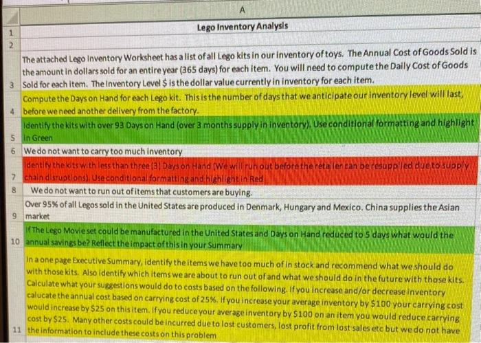 A 1. Lego Inventory Analysis The attached Lego | Chegg.com