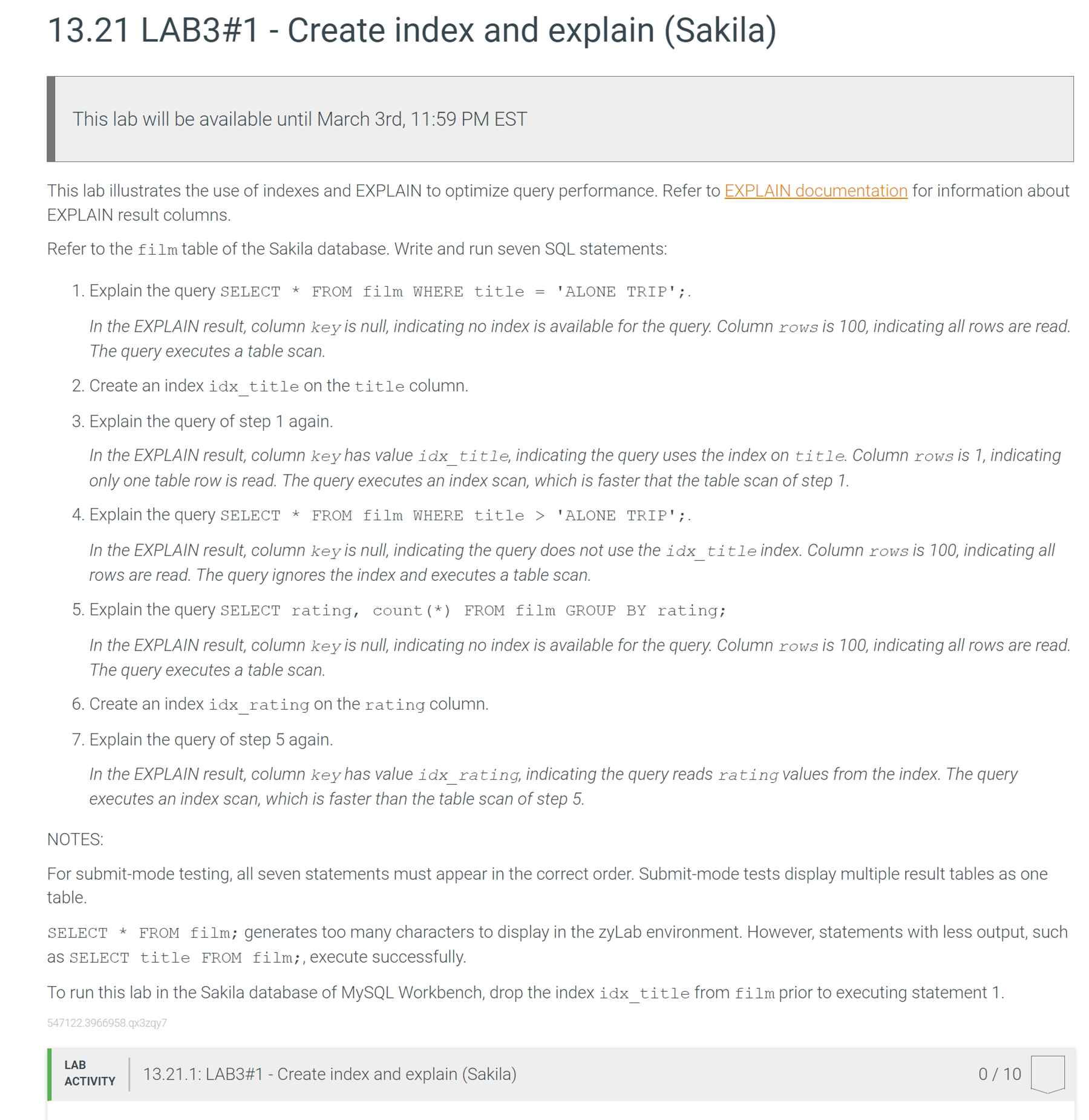 1.10 ﻿LAB - ﻿Create index and explain (Sakila)13.21 | Chegg.com