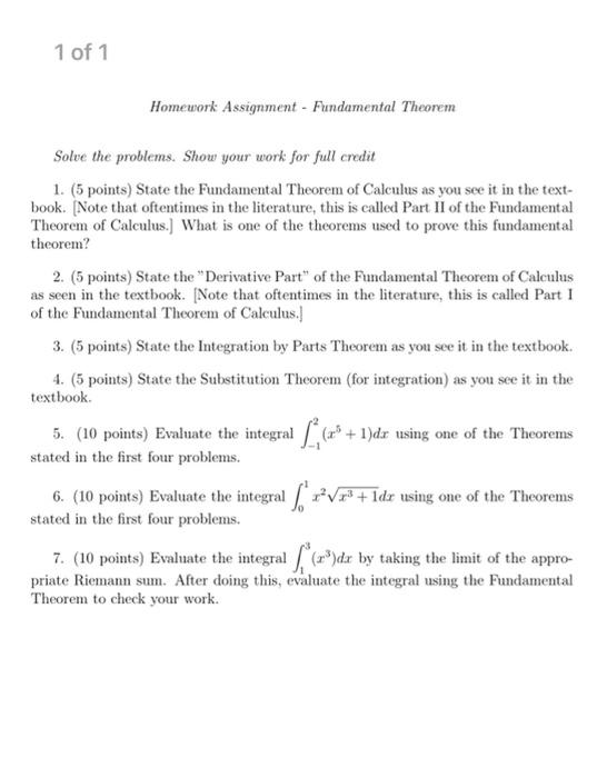Solved Homework Assignment - Fundamental Theorem Solve the | Chegg.com