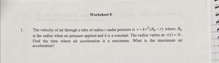 Solved The velocity of air through a tube of radius r under | Chegg.com