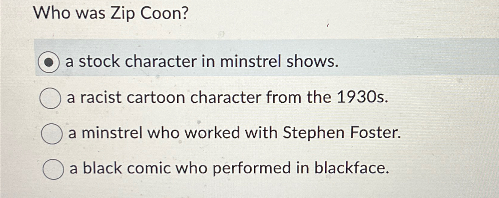 Solved Who was Zip Coon?a stock character in minstrel | Chegg.com