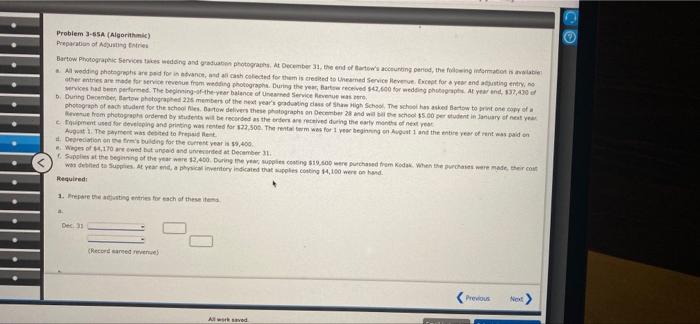 Solved Problem 3-65A (Algorithmic) Preparation of Adjusting | Chegg.com