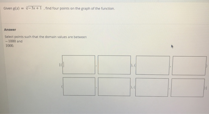 Solved Given g(x) = V-3x + 1 , find four points on the graph | Chegg.com Solved Given g(x) = V-3x + 1 , find four points on the graph | Chegg.com