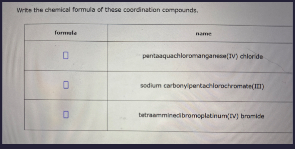 Solved by an EXPERT Write the chemical formula of these coordination | Chegg.com