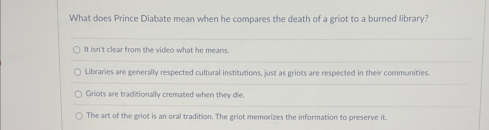 Solved What does Prince Diabate mean when he compares the | Chegg.com
