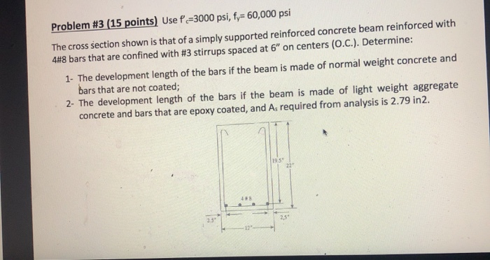 Solved Problem #3 (15 points) Use f3000 psi, f 60,000 psi | Chegg.com