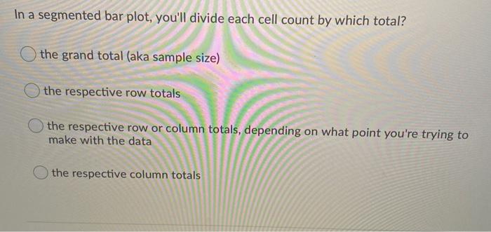 Solved In a segmented bar plot, you'll divide each cell | Chegg.com