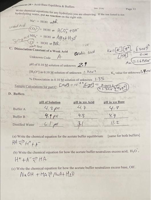 Solved periment 20 - Acid-Base Equilibria & Buffers Page 12 | Chegg.com