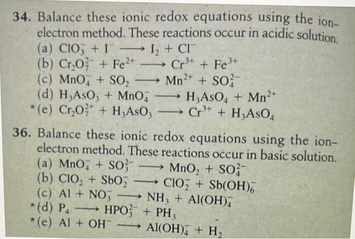 Solved 34. Balance these ionic redox equations using the | Chegg.com