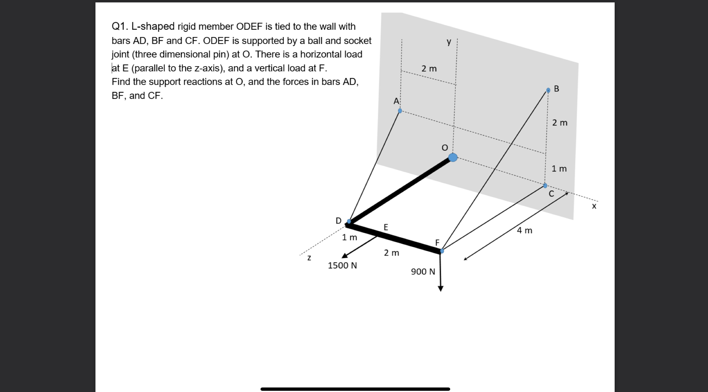 Solved Q1. ﻿L-shaped rigid member ODEF is tied • ﻿bars AD, | Chegg.com