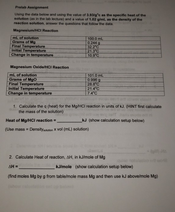 Solved Prelab Assignment Using the data below and using the | Chegg.com