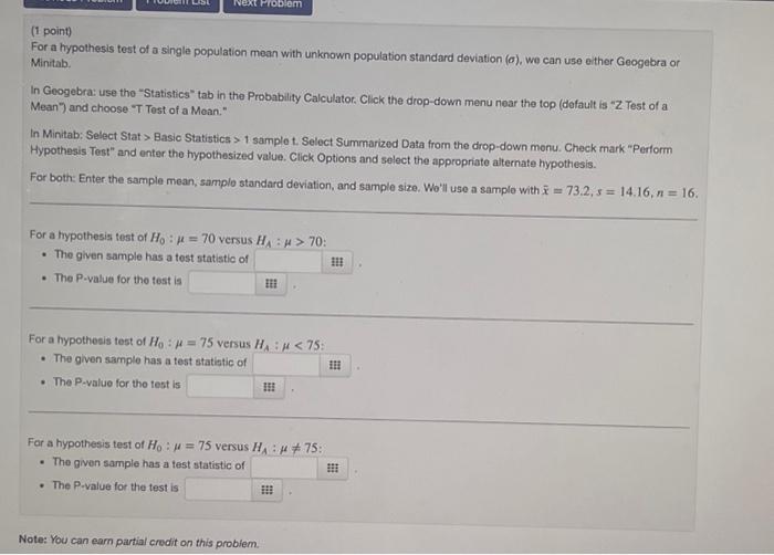 Solved (1 point) For a hypothesis test of a single | Chegg.com