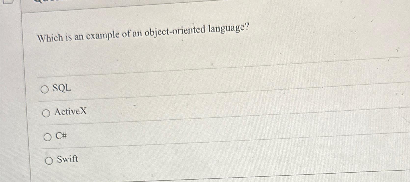 Solved Which is an example of an object-oriented | Chegg.com
