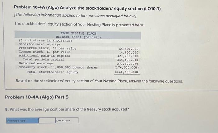 Solved Problem 10-4A (Algo) Analyze the stockholders' equity | Chegg.com