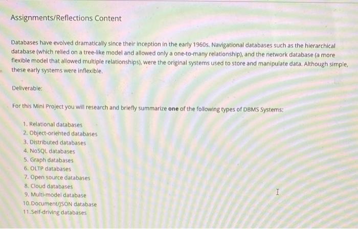 Solved Assignments/Reflections Content Databases have | Chegg.com