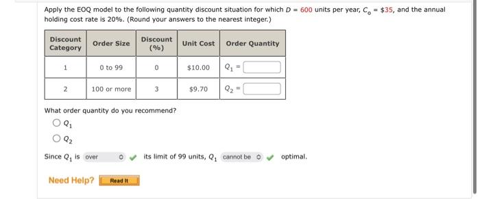 Solved Apply the EOQ model to the following quantity | Chegg.com