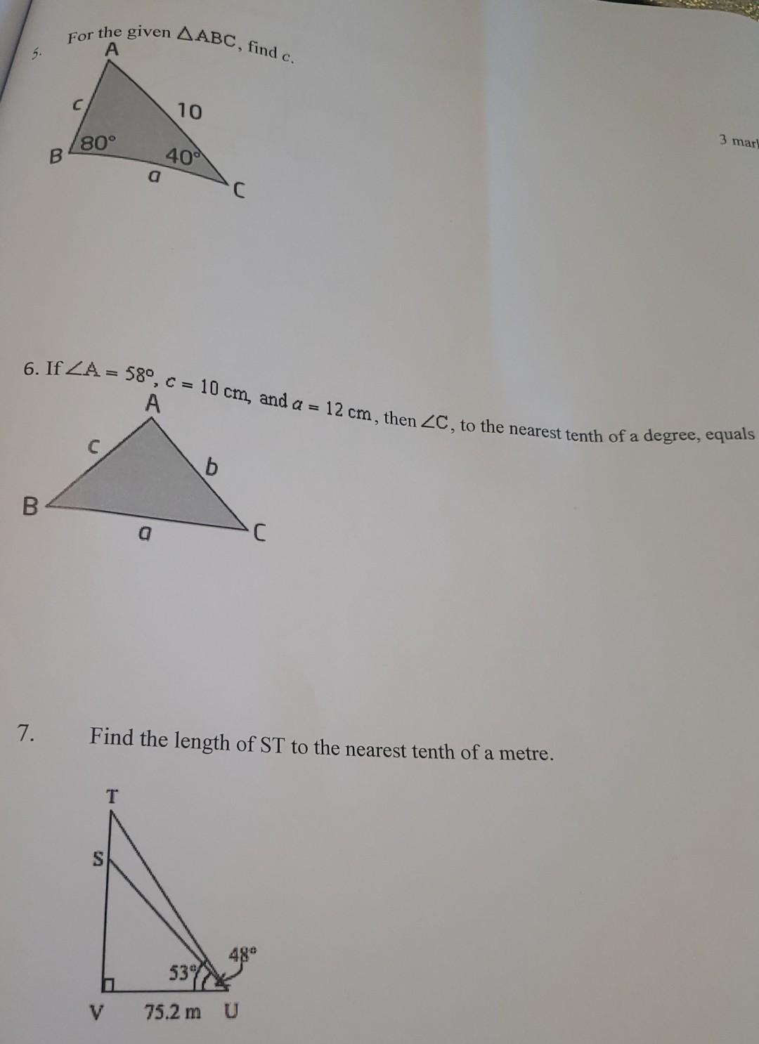 Solved for the given AABC, finde A C 10 80° 3 mar! B. 400 a | Chegg.com
