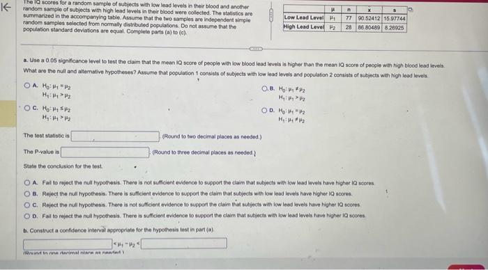 Solved The IG scores lor a random sample of subjects with | Chegg.com