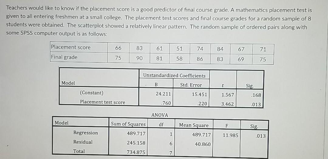 Solved Teachers would like to know if the placement score is | Chegg.com