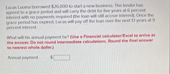 Solved Lucas Luoma borrowed $26,000 to start a new business. | Chegg.com