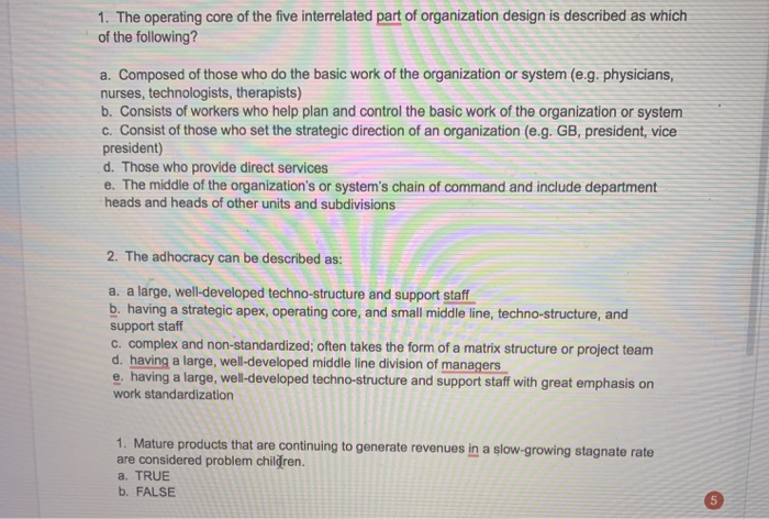 Solved 1. The operating core of the five interrelated part | Chegg.com